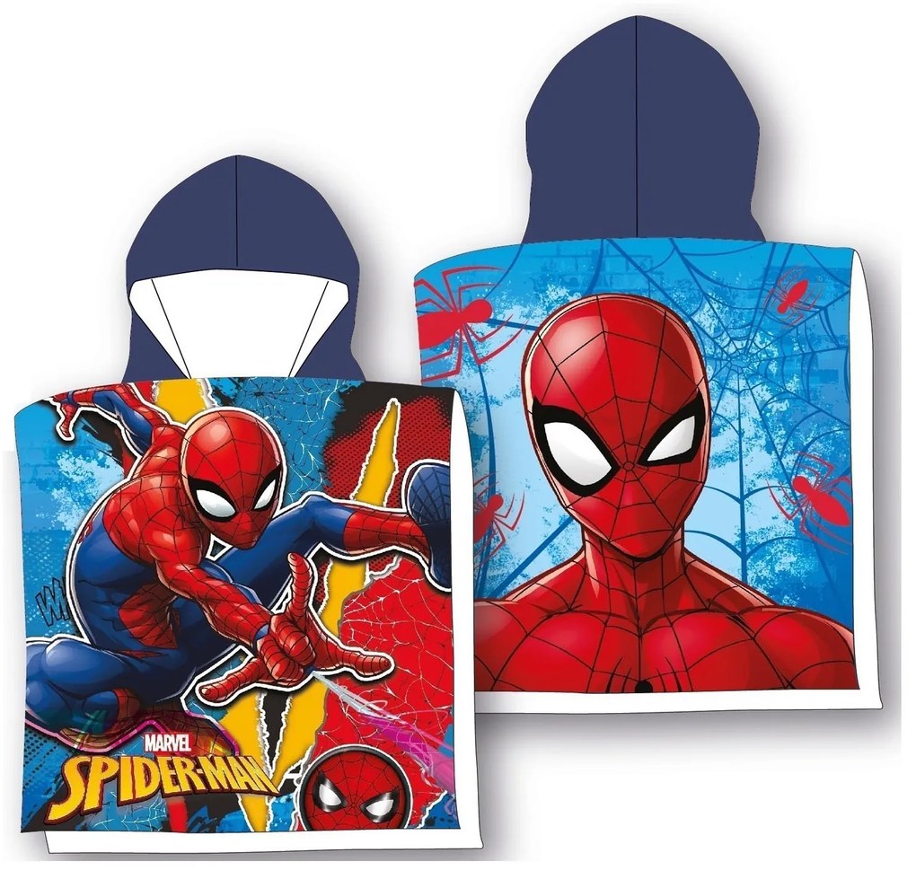 DĚTSKÝ BAVLNĚNÝ PONČO RUČNÍK S KAPUCÍ SPIDERMAN 50X115 CM VZOROVANÝ