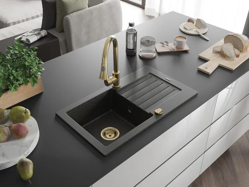 Mexen Pablo granitový dřez s 1 komorou a odkapávačem a kuchyňskou baterií Elia, černý/zlatý metalik - 6510-75-670101-50