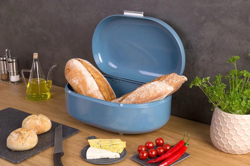 Box na pečivo RETRO, kovový chlebník, kontejner na chleba, chlebovka - barva modrá, 40 x 25 x 17 cm