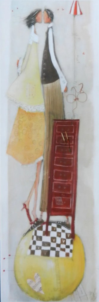 ART-STYLE Obrázek 20x60, postavy pusinky, žlutá, rám bílý s patinou