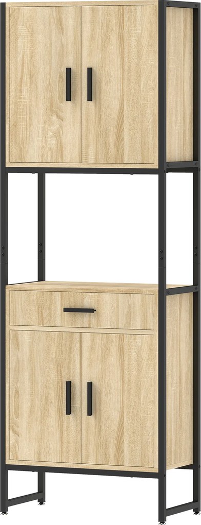 HOMCOM vysoká skříň do kuchyně, kuchyňská skříňka, 4 dveře s tlumeným zavíráním, zásuvka, pracovní deska, 60x30x170 cm, přírodní dřevo