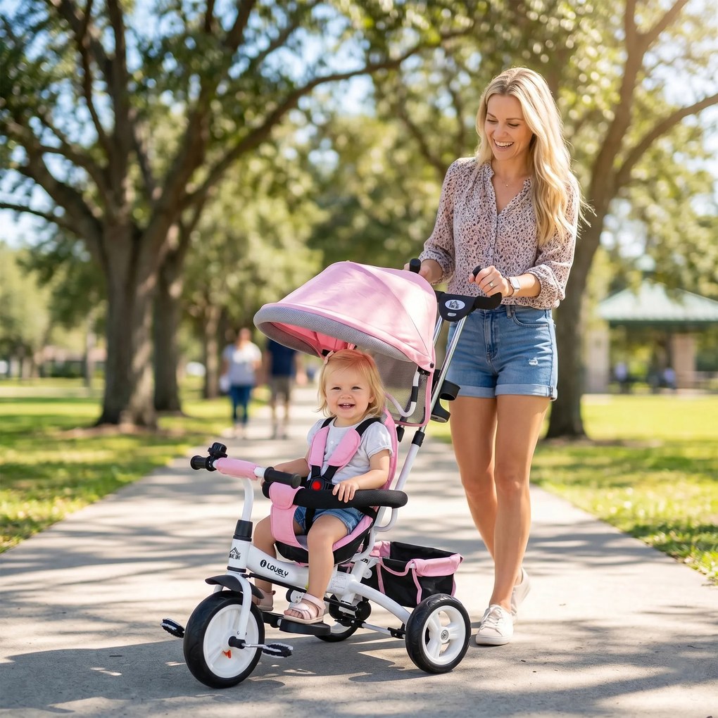 6-in-1 Kinderdreirad mit Schiebestange, Dach, Gurt, Ablagekorb, für 1-5 Jahre, Rosa