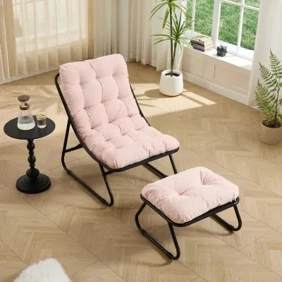 Aosom Venku lounge křeslo s podnožkou, polštářek, pásková tkanina, ocelový rám, růžová
