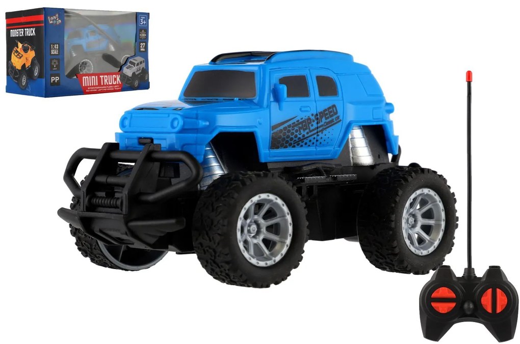 Auto RC mini truck plast 12cm 27MHz na baterie se světlem modré v krabici 18x11,5x10cm