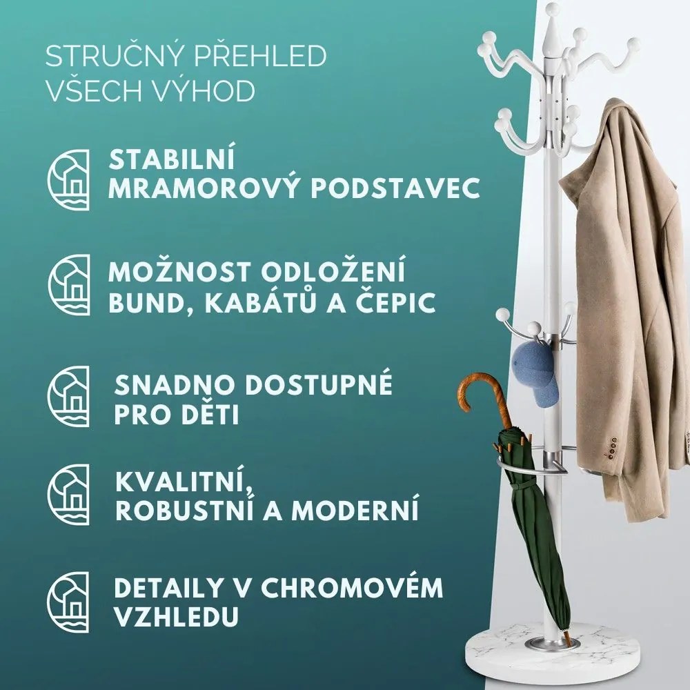 Stojanový věšák TENZY s mramorovým podstavcem, 37x173cm, bílá Casaria