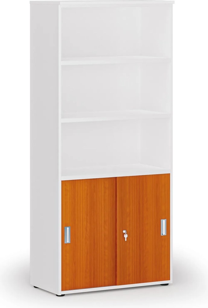 Kombinovaná kancelářská skříň PRIMO WHITE, zasouvací dveře na 2 patra, 800 x 420 x 1781 mm, bílá/třešeň
