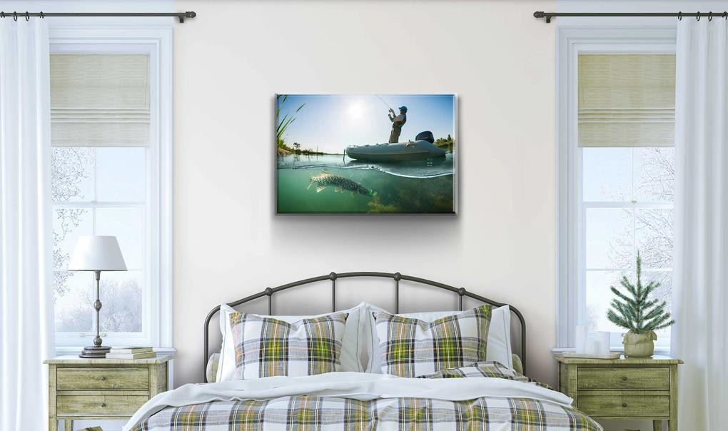 Malvis ® Obraz Rybář na člunu zdolává štiku ROZMĚR (šířka x výška): pětidílný obdélník 150x60 cm