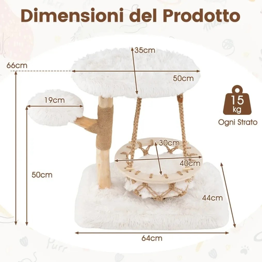 Costway Odpočívadlo a škrabadlo pro kočky s houpačkou, bílé, výška 66 cm PV10370WH