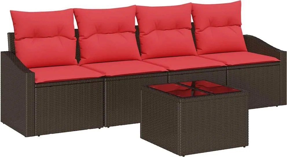 Set pohovek 5 ks 3-Počet míst Hnědá a červená polyratan 3346594