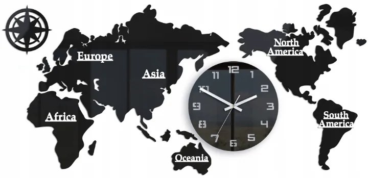 M.Clock Nástěnné akrylové 3D hodiny 110x55cm mapa světa černé