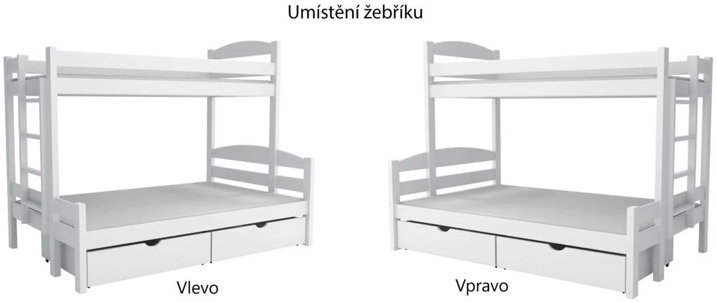 Dětská patrová postel z masivu borovice s rozšířeným spodním lůžkem SAVANA  se šuplíky - 200x90/140 cm - BÍLÁ