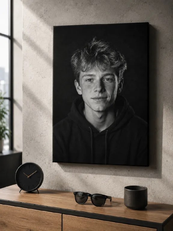 Foto obraz z vlastní fotky na plátno – Pánský černý studiový portrét