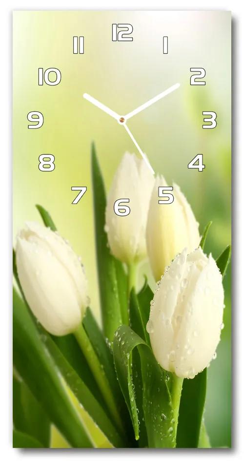 Wallmuralia Nástěnné skleněné hodiny Bílé tulipány 30x60 cm