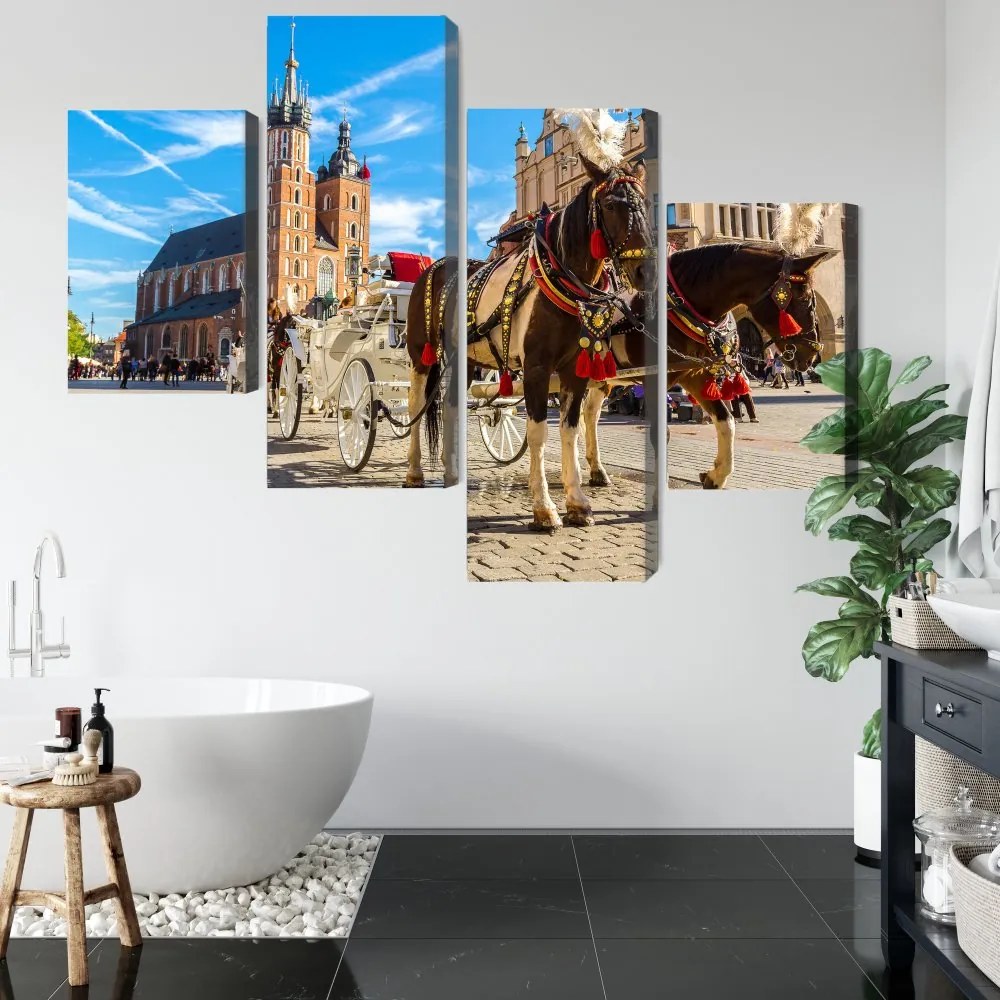 Vícedílný obraz Koňské Povozy Na Náměstí V Krakově Nedostatek Nedostatek Přírodní plátno 120x75