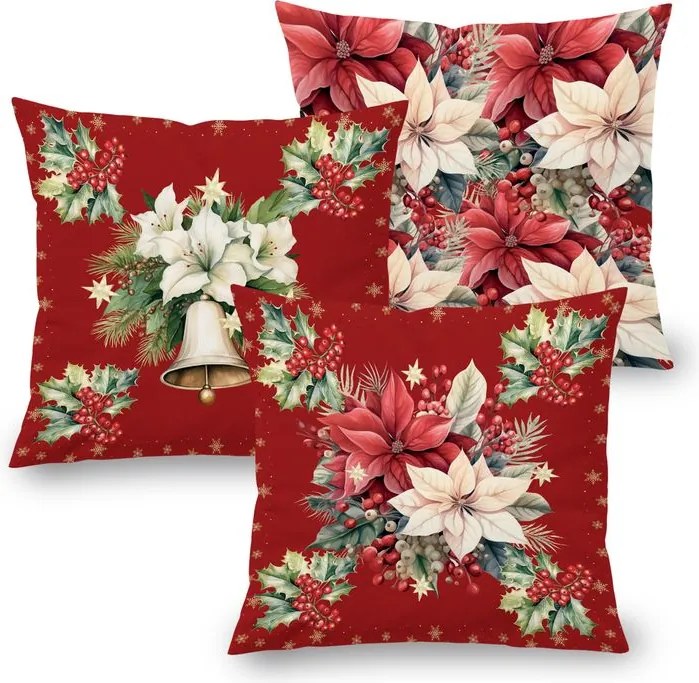 Sada 3 ks povlaků na polštářky RED POINSETTIA 45 x 45 cm