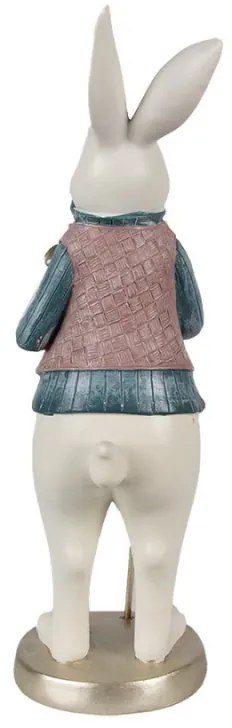Figurka bílého králíčka v růžové vestičce, modré košilce a se zlatou hůlkou – 32 cm