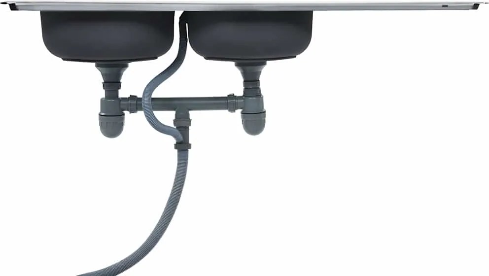 Kuchyňský dvojitý dřez se sítkem a sifonem nerezová ocel 145075