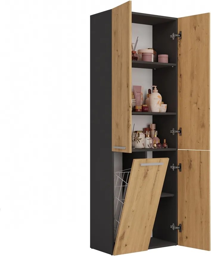 Koupelnový sloupek s košem na prádlo NEL 1K DD antracit/dub artisan