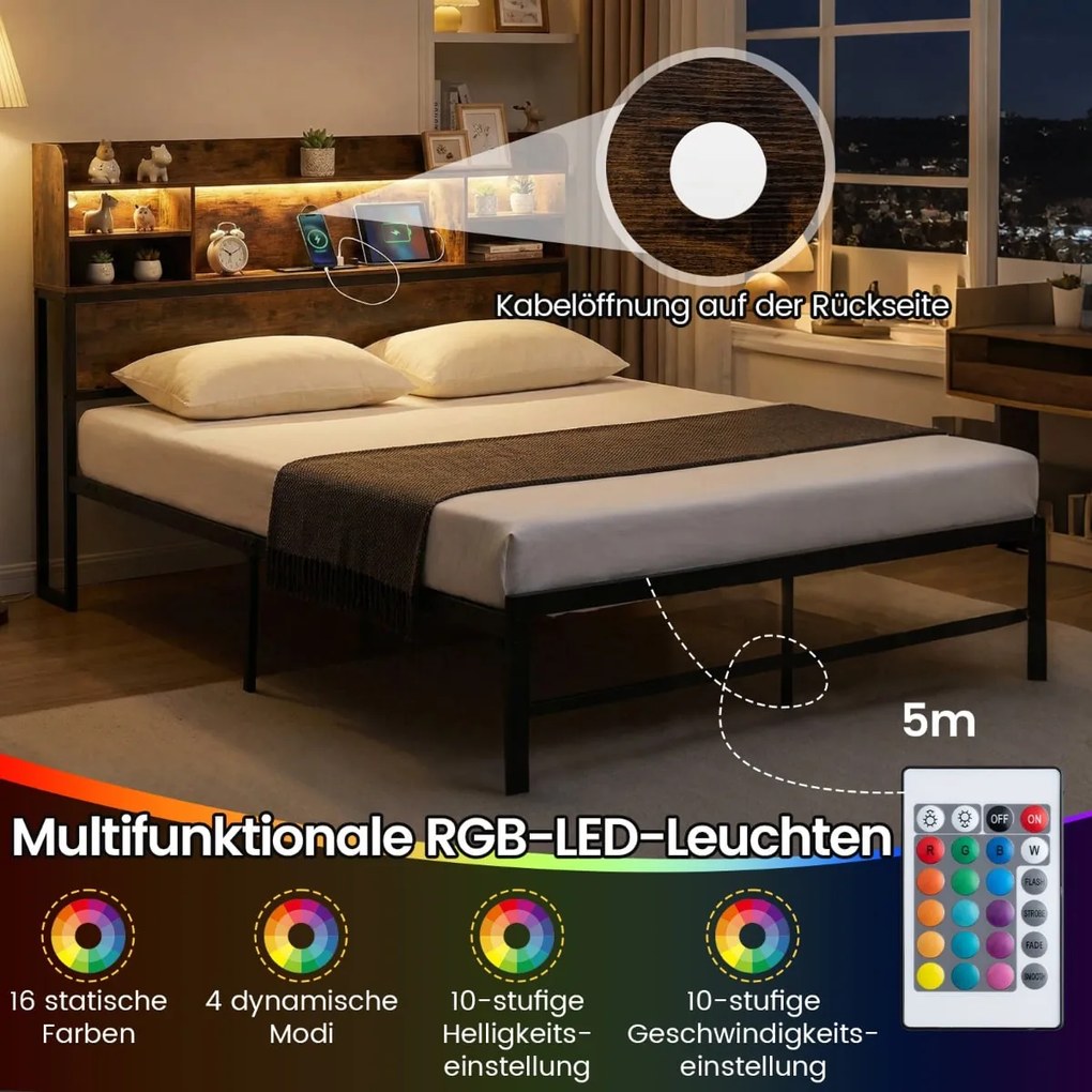 Costway Rám postele s LED osvětlením a nabíjecí stanicí Rám na platformě