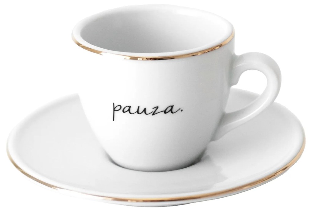 Bella Rose Šálek na espresso s podšálkem Pauza 90 ml, bílá barva, zlatá barva, porcelán