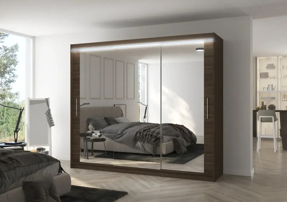 Posuvná skříň se zrcadlem a LED osvětlením CHESTER 250 choco
