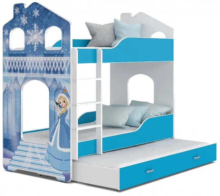 Svět pokojů Patrová postel Niko Domeček Princezna Elsa s přistýlkou pro 3 děti Rozměry: 190x80 cm, Matrace: Ano, Barva dílů: zelená