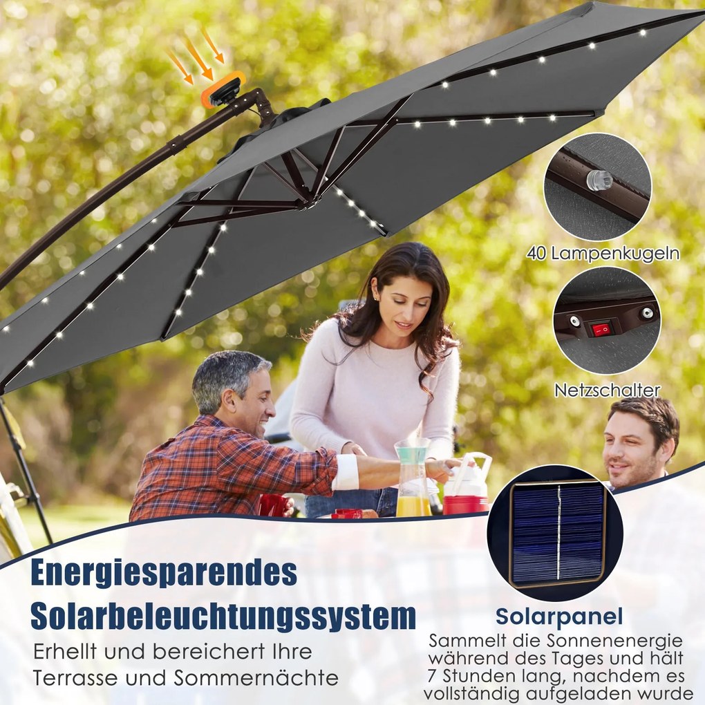 Costway Slunečník 300 cm s 40 solárními LED světly a klikou šedé, šedá