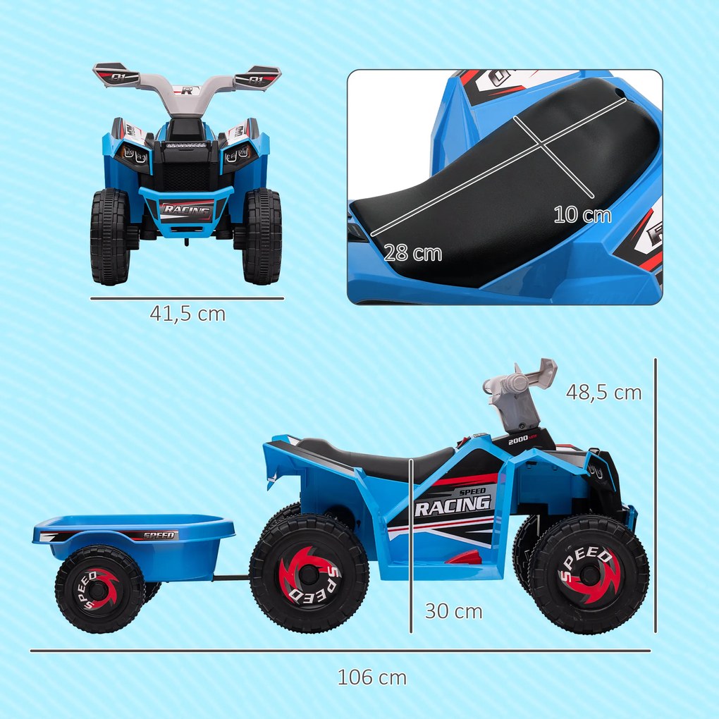 HOMCOM dětská elektrická čtyřkolka 6V s přívěsem pro děti 1,5-3 roky, 2,5 km/h, bezpečné kovové vozidlo v modré barvě | Aosom.de