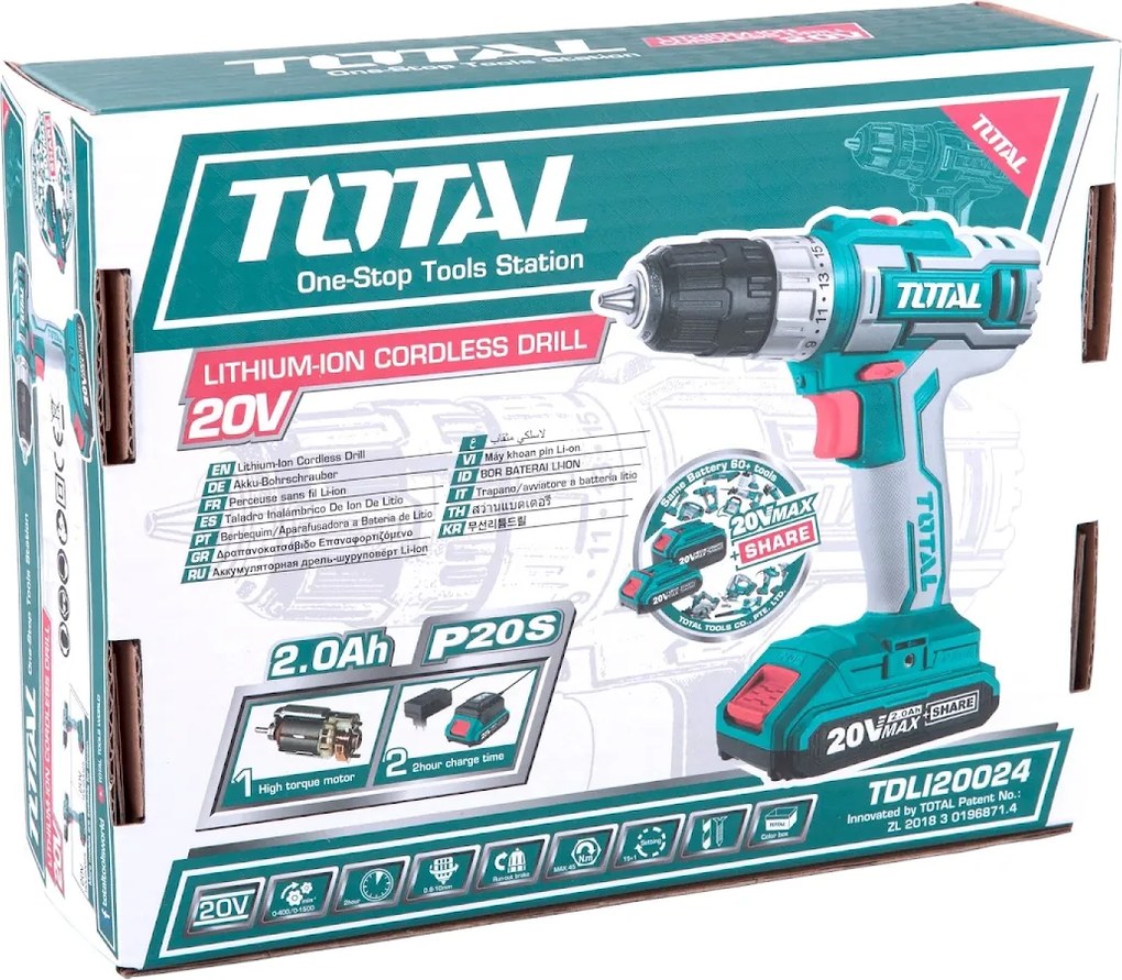 Vrtací šroubovák aku, 20 V Li - ion (1 × ), 2000 mAh TOTAL TDLI20024