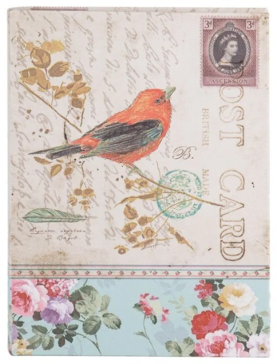Sada 3 ks úložných boxů ve tvaru knihy s ptáčkem, známkou a nápisem Post Card – 27x22 cm / 22x17 cm / 17x12 cm