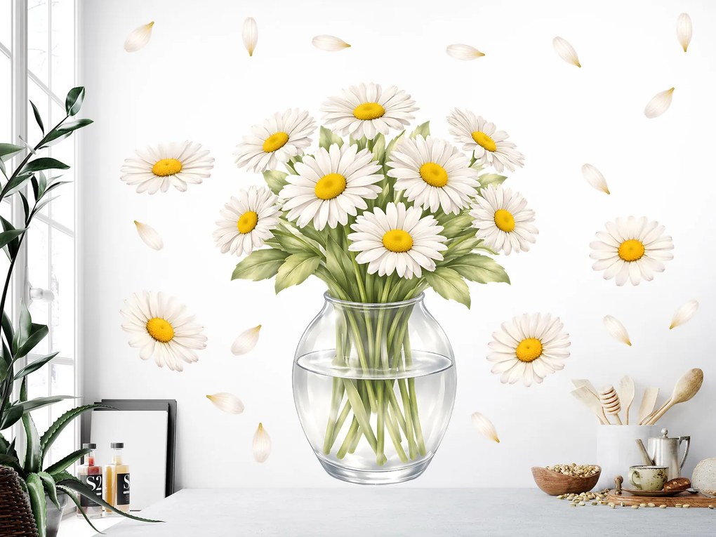 Kopretiny ve váze textilní přelepitelné samolepky na zeď arch 37 x 46 cm