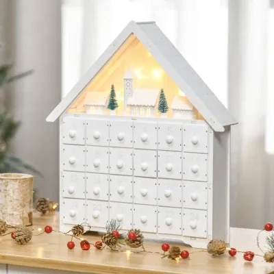 HOMCOM Adventní kalendář Vánoční dekorace, 24 zásuvek, LED světla, 39 cm x 9 cm x 42 cm, bílá + zelená 830-416