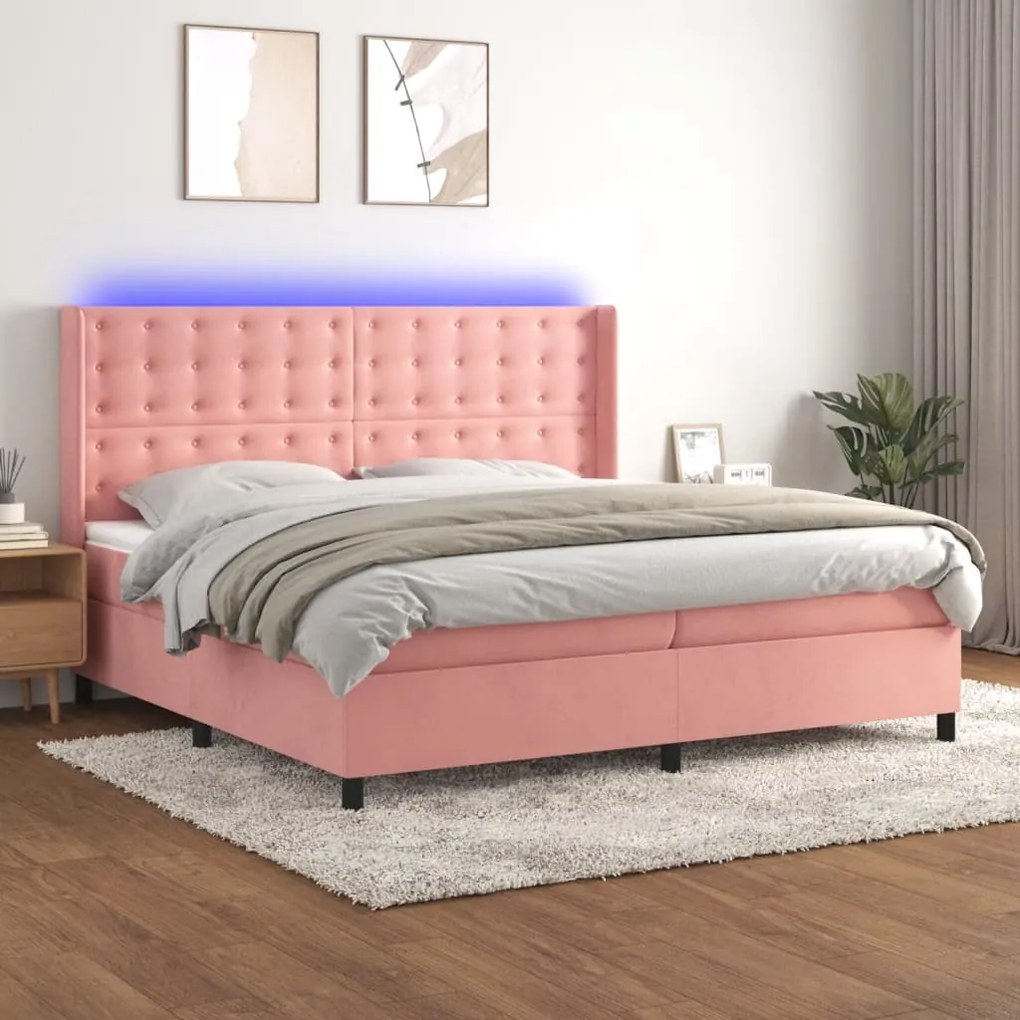 Box spring postel s matrací a LED růžová 200x200 cm samet,  3139828
