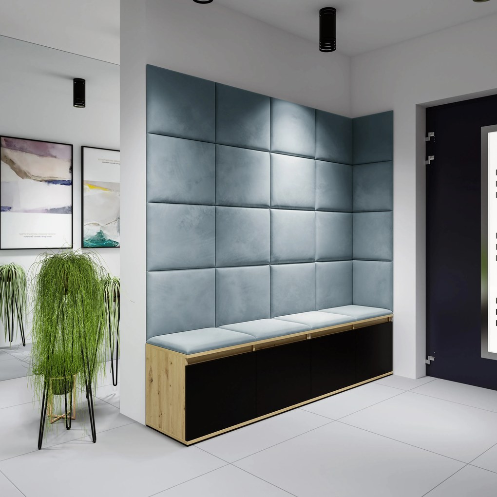 Eka Předsíňová stěna s čalouněnými panely Trinity 3 - Dub Artisan s černou / Světlá modrá 2322