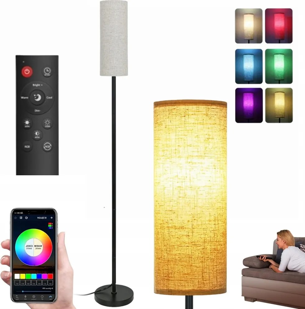 Stojací Podlahová Lampa E27 Rgb 172.5CM 9W Len Stínidlo Dálkový Ovladač App Stmívatelná