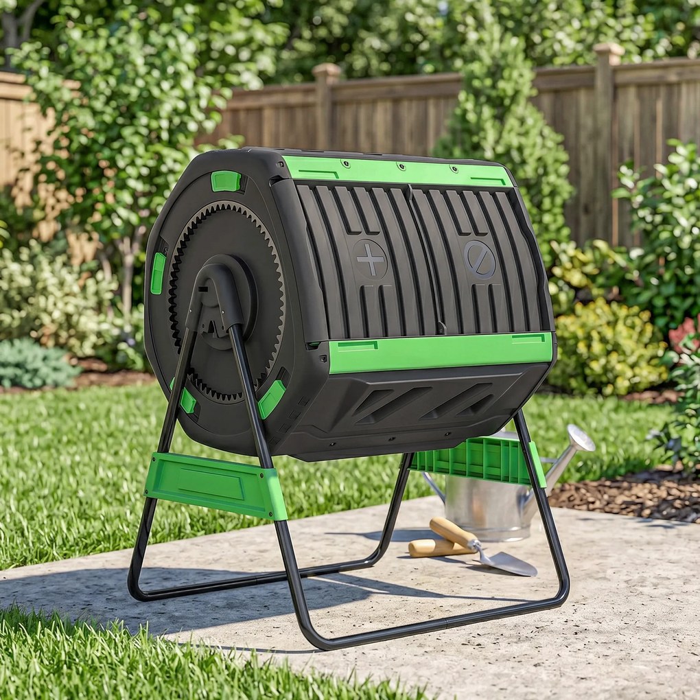 Outsunny 200 l kompostér s otočným bubnem, 94 × 67 × 98 cm – rychlý kompostér s větracími otvory a posuvnými dvířky, odolný plast