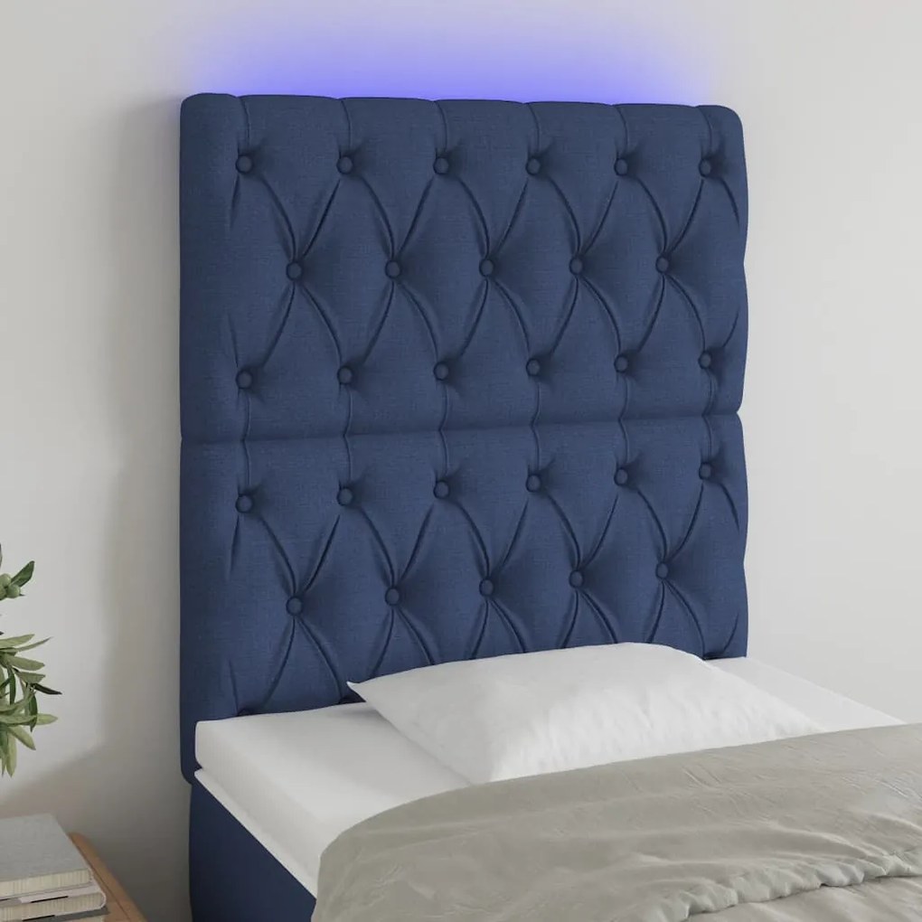 Čelo postele s LED modré 80x7x118/128 cm textil