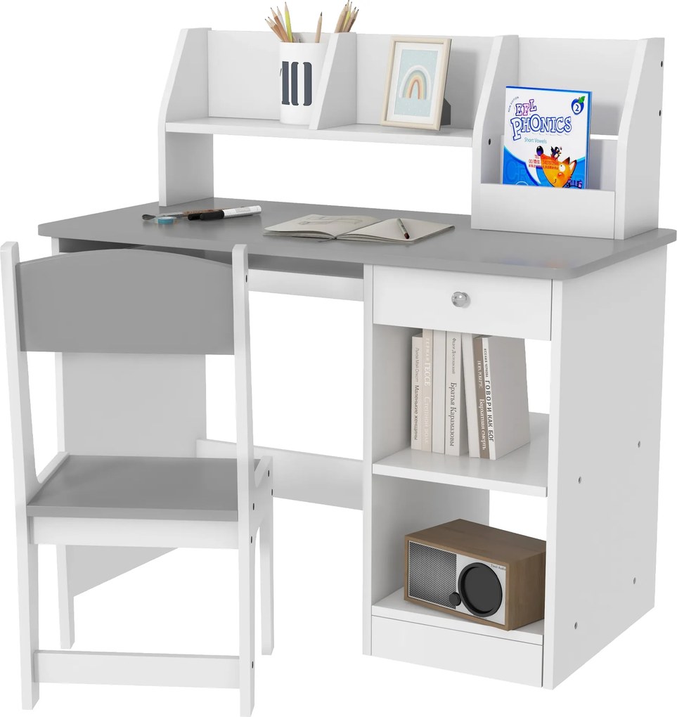 ZONEKIZ dětský psací stůl s ergonomickou židlí s vysouvací přihrádkou na klávesnici, nikami a otevřenými policemi, 90 x 45 x 90 cm šedý
