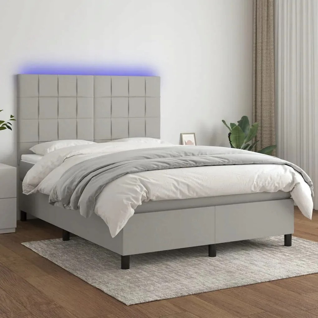 Box Spring Postel S Matrací A Led Textil Světle Šedá Blok se čtverci 140