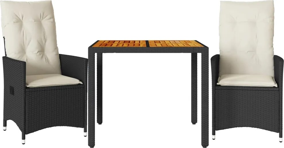 3dílný bistro set s poduškami černý polyratan a akácie 3276679