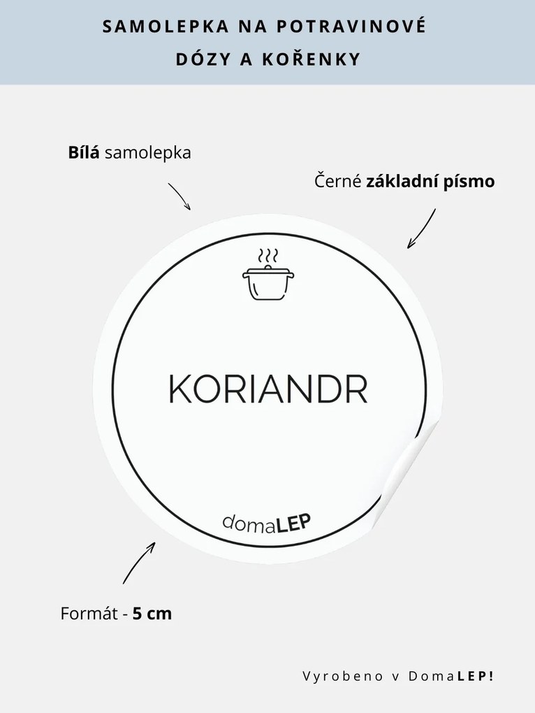 Samolepka na kořenky KORIANDR bílá 5 cm základní písmo