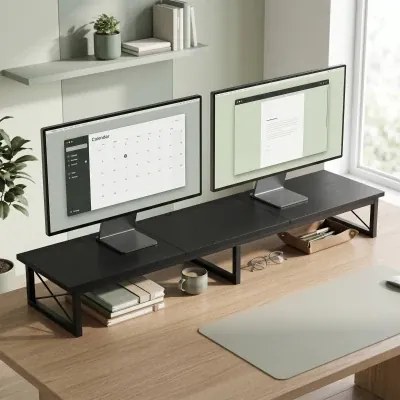 HOMCOM Podstavec pro monitor na psací stůl, dřevěné zvýšení s 2 úložnými přihrádkami, černá