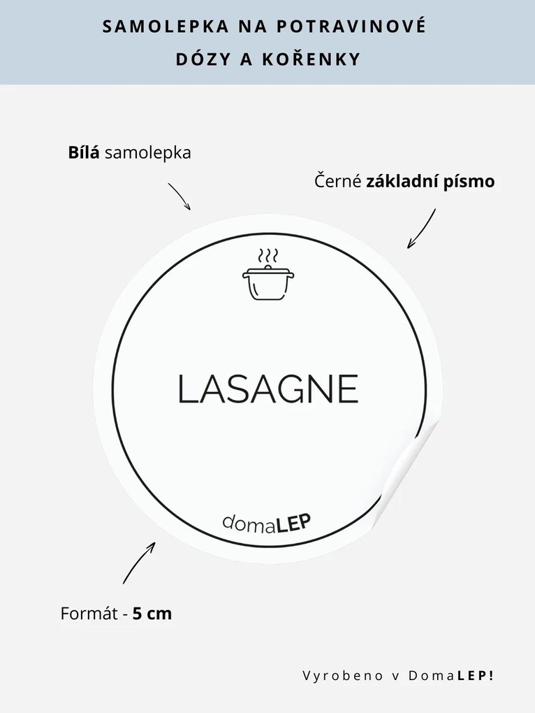 LASAGNE – bílá samolepka na dózu, základní písmo, 5 cm | DomaLEP