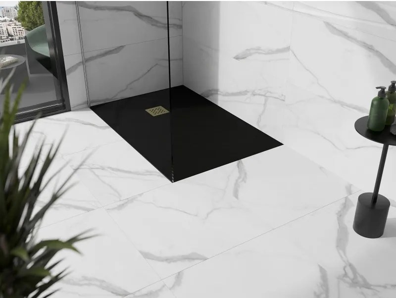 Mexen Stone+, obdélníková vanička z minerálního kompozitu 100 x 90 cm, černá, zlatá lesklá krytka, 44709010-G