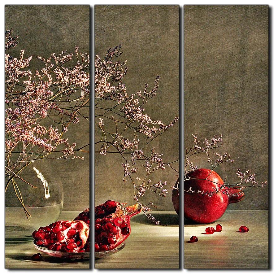 Obraz na plátně - Zátiší - větev a granátové jablko - čtverec 3274B (105x105 cm)