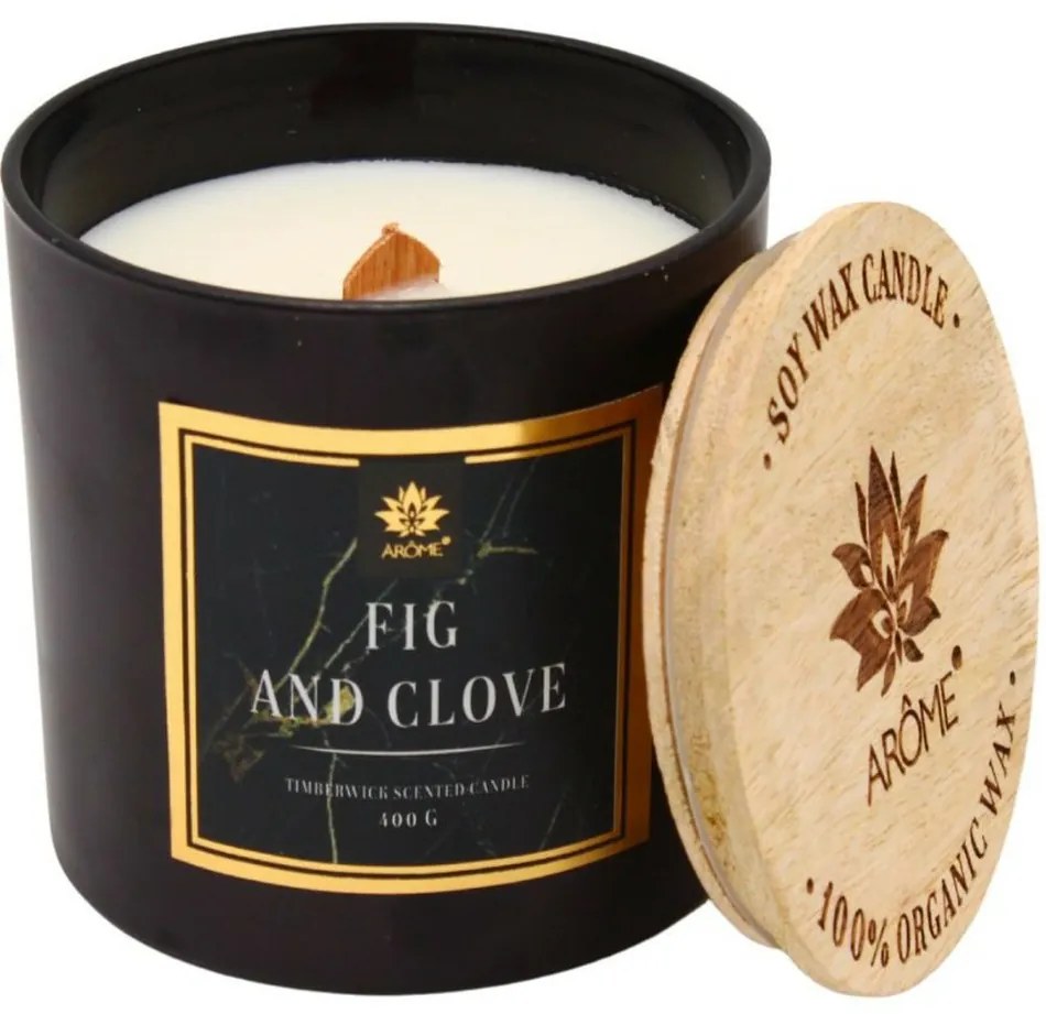 Arome Sójová svíčka Fig and clove, 400 g s dřevěným knotem a víčkem
