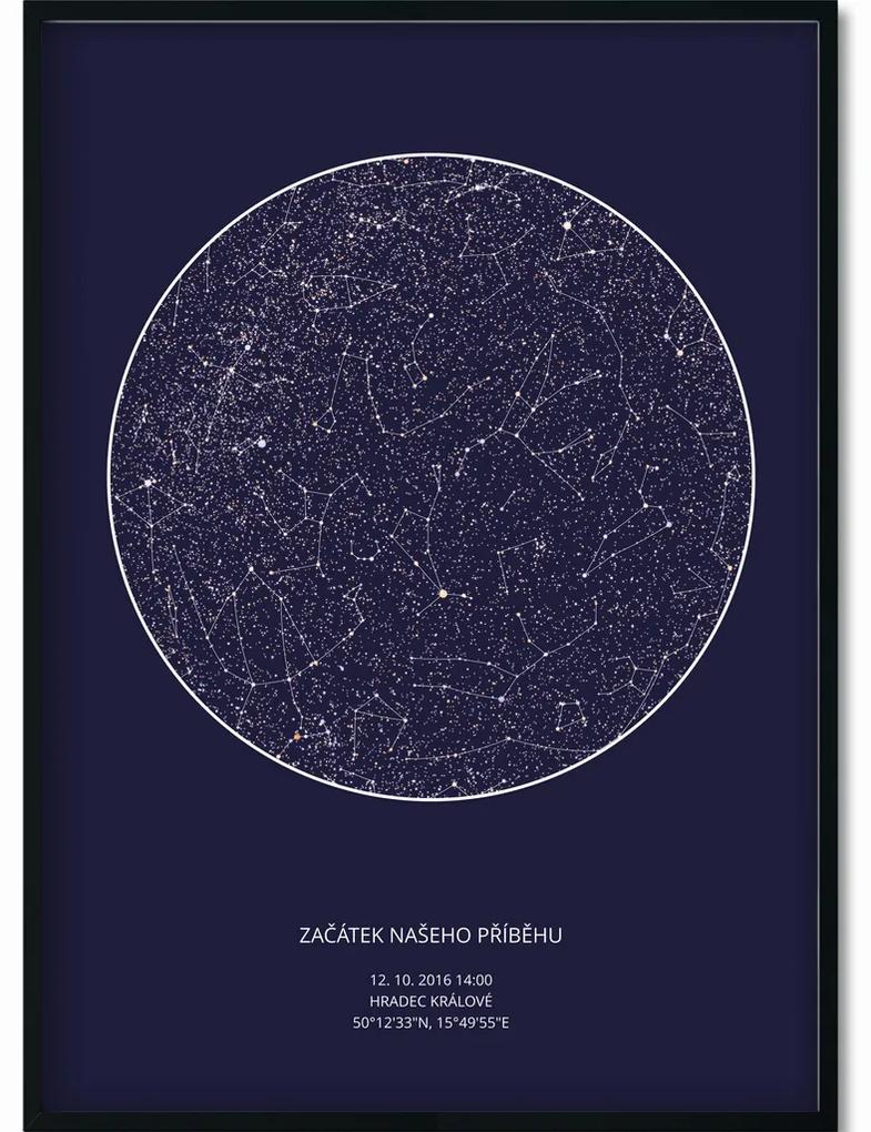 Hvězdná mapa Vašeho životního okamžiku Rozměr plakátu: 50 x 70 cm, Barva pozadí: Vesmírná, Volba rámu: Bílý dřevěný rám