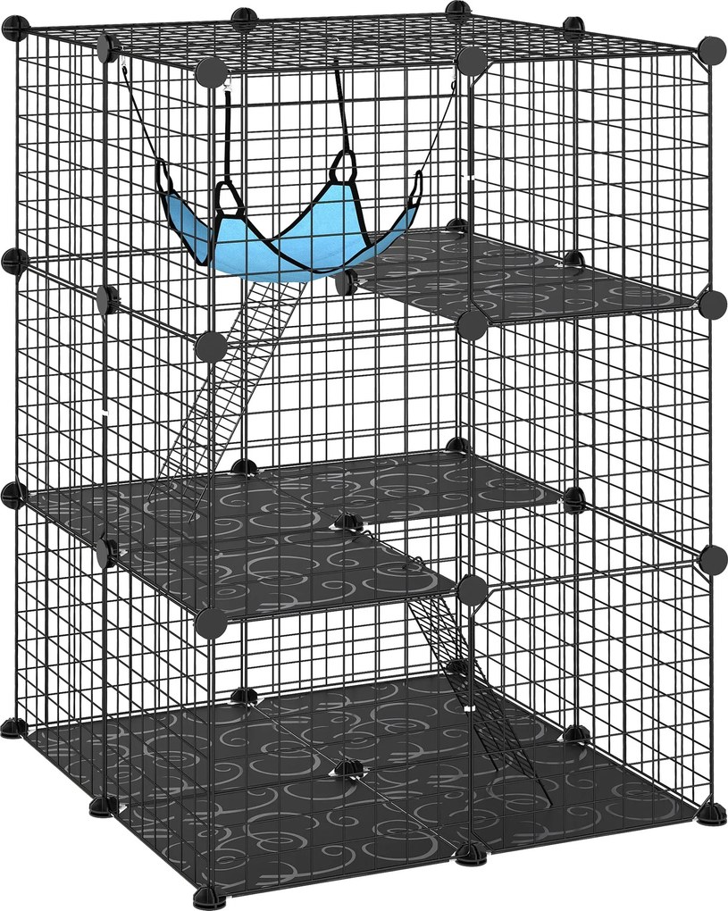 PawHut 70×70×105 cm vnitřní kotec pro kočky, ocelový výběh se 3 dveřmi, nastavitelné 3patrové DIY s žebříkem, hamakem a plošinami, černá | Aosom