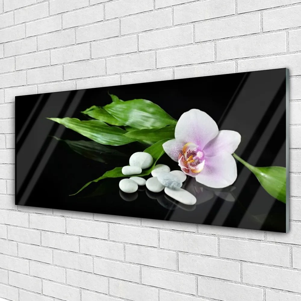 akrylový obraz Květ Kameny Listí 125x50 cm