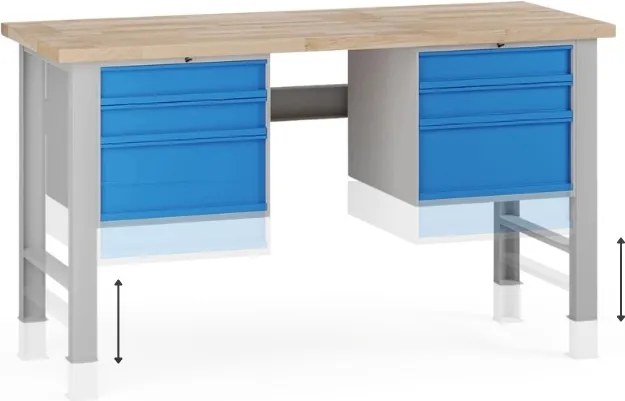 Výškově nastavitelný dílenský stůl G7, buková spárovka, 1700 x 800 x 840-1040 mm, 2x kontejner, 6 zásuvek, modrá